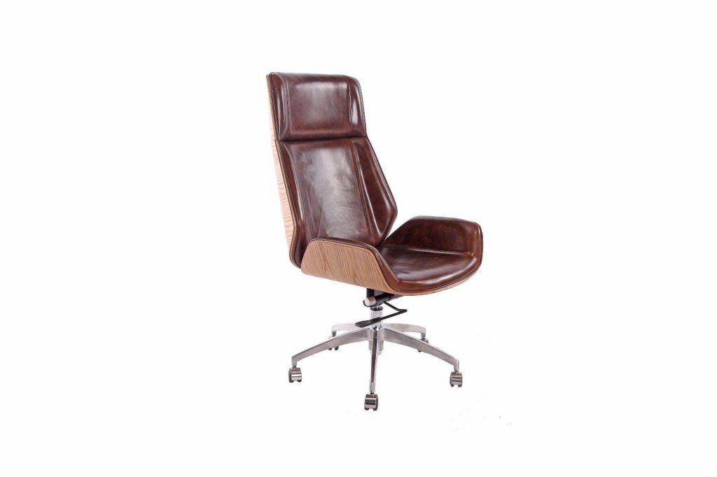 Designer High Back Office Chair Walnut wood - Vintage Brown Leather ...